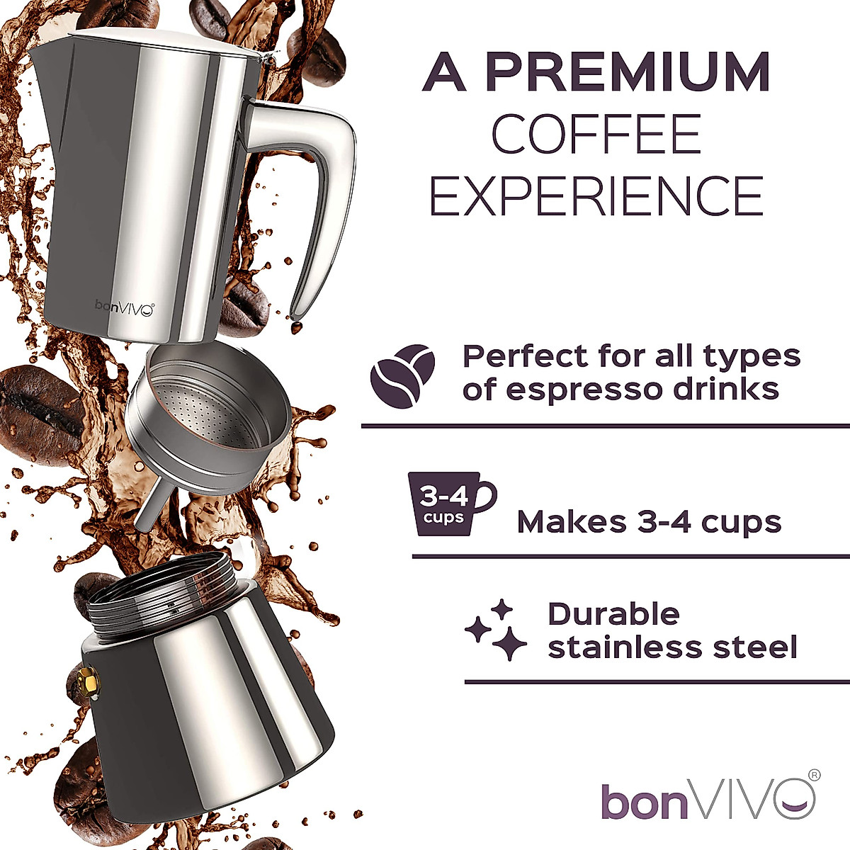 bonVIVO Intenca Stovetop Espresso Maker - Luxurious, Stainless Steel Italian Coffee Maker for Camping or Home Use - Makes 2 Cups of Full-Bodied Coffee - Chrome, 6.8 oz