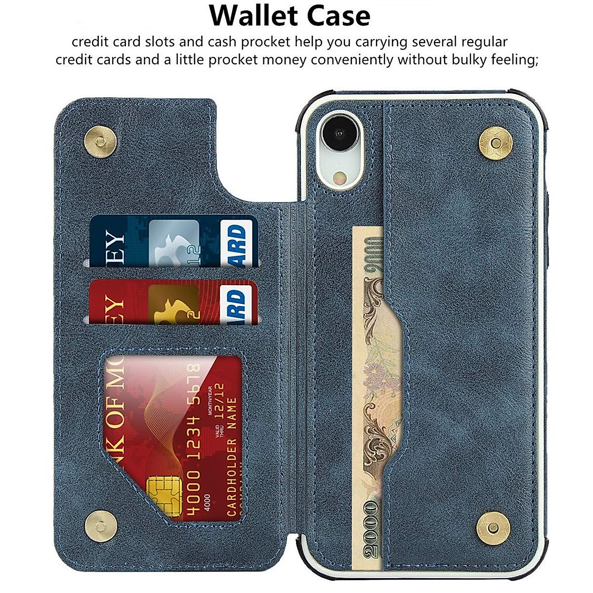 iCoverCase iPhone XR Wallet Case, iPhone XR Case with Card Slots Holder and Wrist Strap PU Leather Kickstand Double Magnetic Clasp Shockproof Cover Case for iPhone XR 6.1 Inch (Blue)