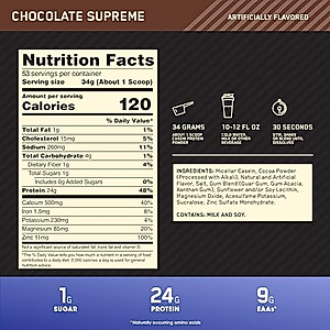Optimum Nutrition Gold Standard 100% Micellar Casein Protein Powder, Slow Digesting, Helps Keep You Full, Overnight Muscle Recovery, Chocolate Supreme, 4 Pound (Packaging May Vary)