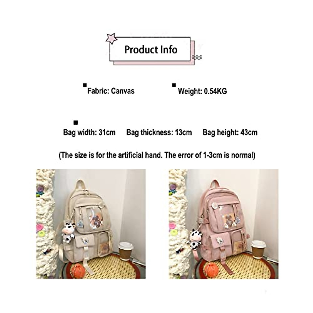 ZUCHON Kawaii Backpack with Cute Pendant & Pin,Large Capacity School Bags Aesthetic Backpacks for School Cute Bookbags (with Lunch Bag) Pink