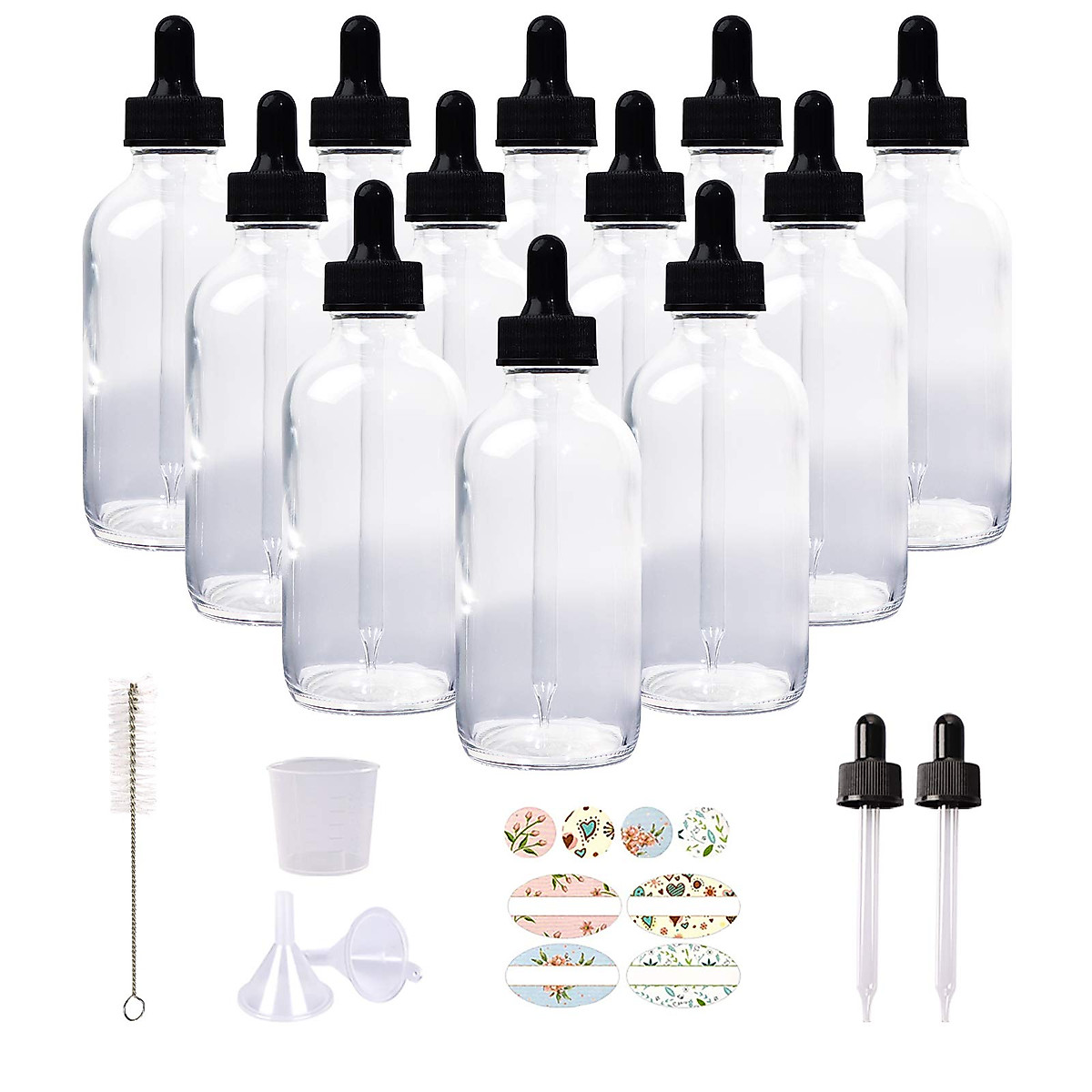 HWASHIN 12 Pack 4oz Clear Glass Bottles with Glass Eye Droppers for Essential Oils, Perfumes & Lab Chemicals (1 Brush, 2 Funnels, 2 Extra Droppers, 24 Pieces Labels & 30ml Measuring Cup Included)