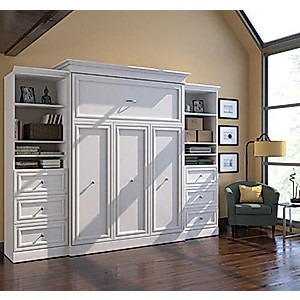 Bestar Versatile Queen Murphy Bed and 2 Shelving Units with Drawers (115W) in White