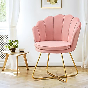 Furniliving Pink Vanity Chair, Velvet Makeup Chair for Bedroom, Home Office Desk Chair with Gold Plating Legs, Cute Accent Chair for Makeup Room, Bedroom, Living Room, Guest Reception (Velvet Pink)