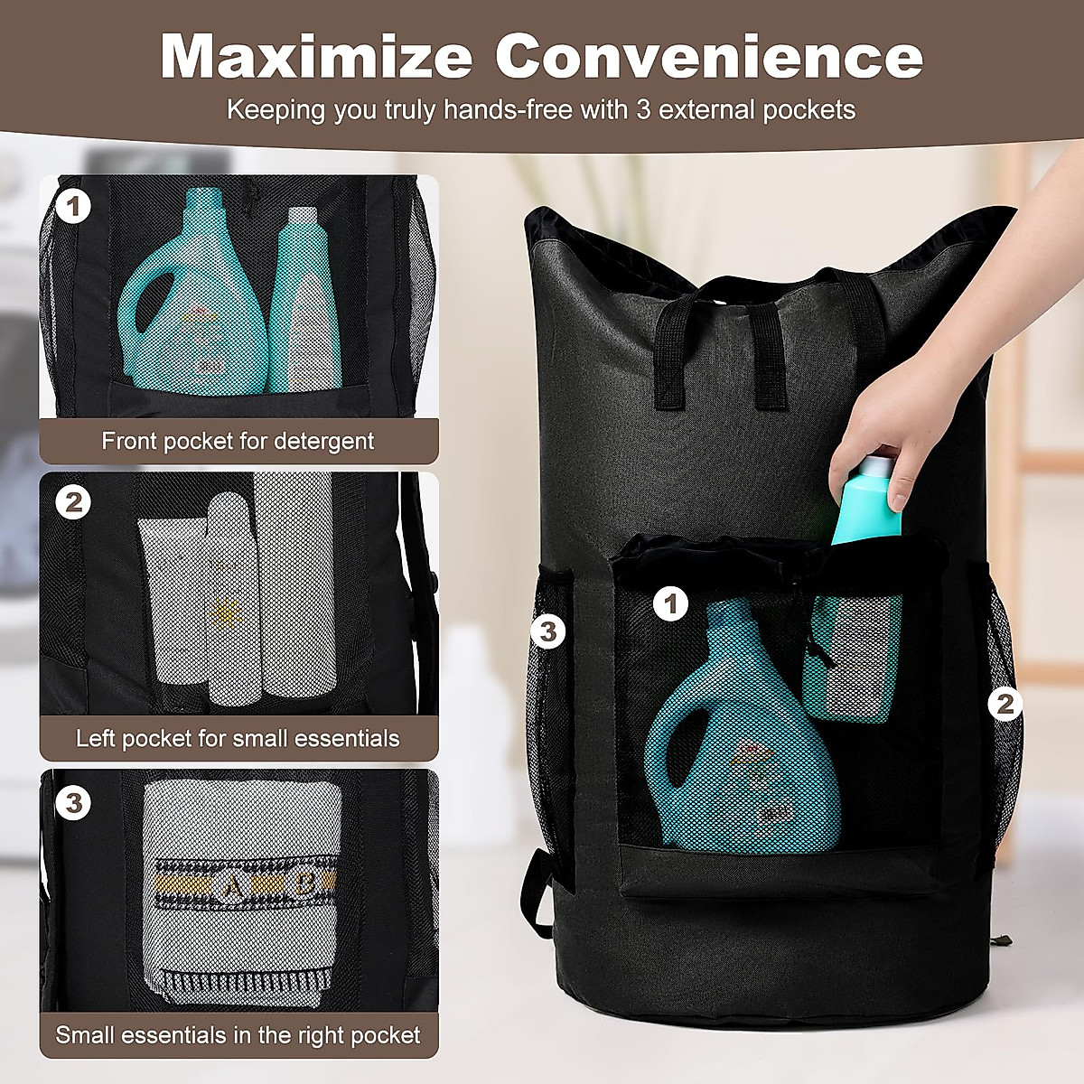 karamagic Laundry Backpack Bag,with 3 Pockets,for Dorm, Apartment and Laundromat, Laundry Duffle Bag for Travel,Beach,Camping