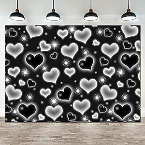 7×5ft Black Heart Photo Backdrop Early 2000s Party Decorations Old School Backdrops Valentine's Day Glitter Heart 16th 18th 30th Women Men 90s Happy Birthday Background Selfile Wall Decor