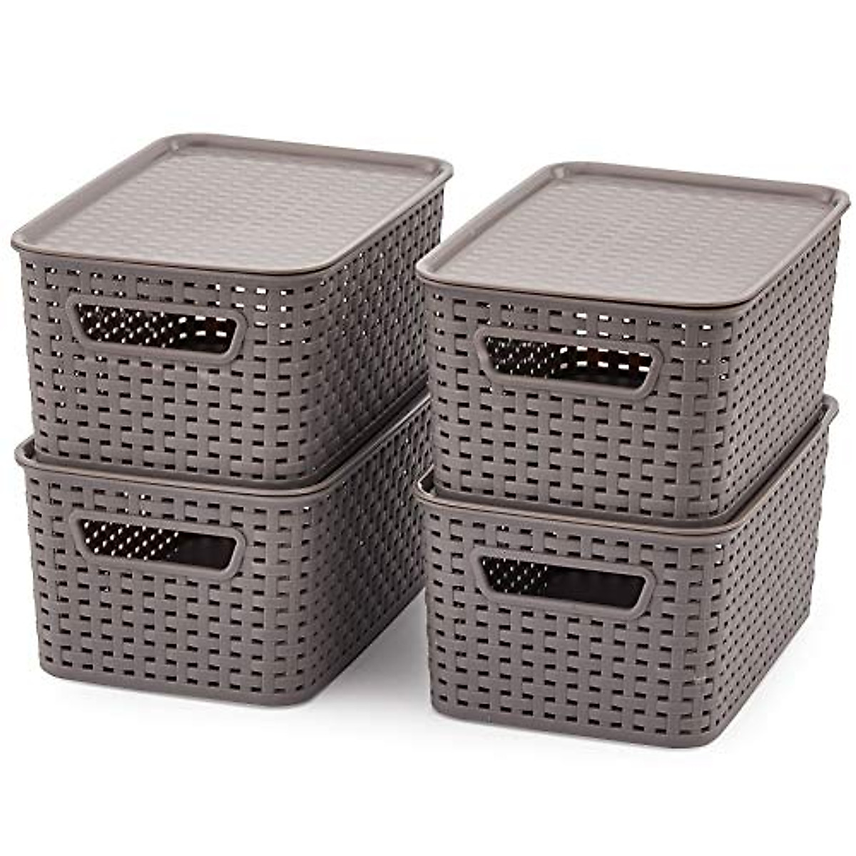 EZOWare Set of 8 Lidded Storage Bins, Large Plastic Stackable Weaving Wicker Basket Box Containers with Lid and Handle, (15.4" x 10.5" x 6.7" + 11" x 7.3" x 5.1")