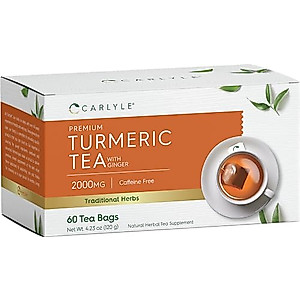 Turmeric Tea with Ginger | 60 Tea Bags | Caffeine Free | Non-GMO & Gluten Free Herbal Tea Supplement | by Carlyle