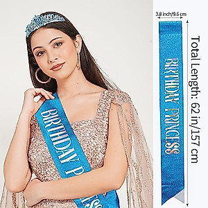 CIEHER Princess Crown and Birthday Sash Set, Blue Birthday Crown Birthday Girl Crown Birthday Tiara for Women Birthday Decorations for Girls Happy Birthday Accessories Birthday Gifts