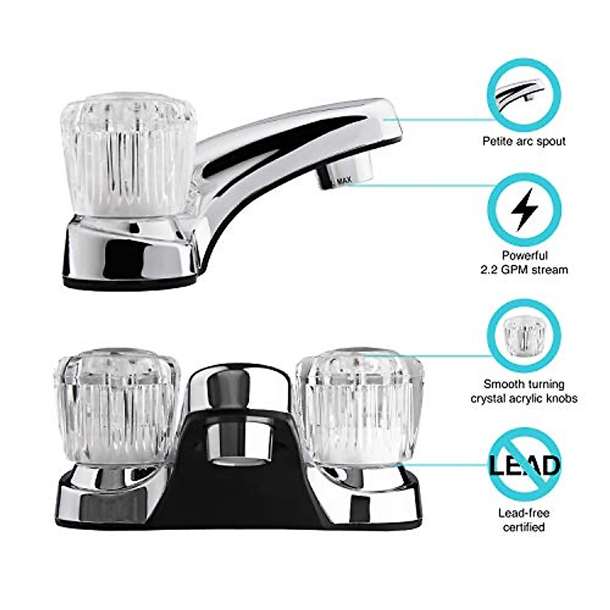 Dura Faucet DF-PL700A-CP RV Bathroom Sink Faucet with Clear Acrylic Knobs - 2-Handle (Chrome)