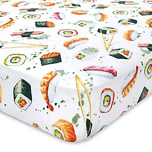Sushi Crib Sheet | Extra Soft and Stretchy Jersey Knit Cotton | Beautiful Watercolor Design
