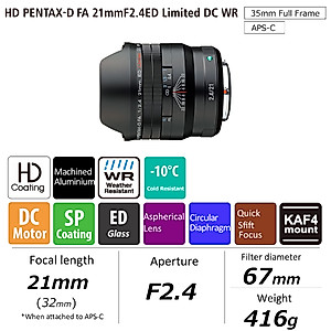 Pentax FA 21mmF2.4ED Limited DC WR Black Ultra-Wide-Angle Single Focus Lens [for use with Full Frame DSLR ] Limited Lens, machined Aluminum Lens Barrel, (28040)