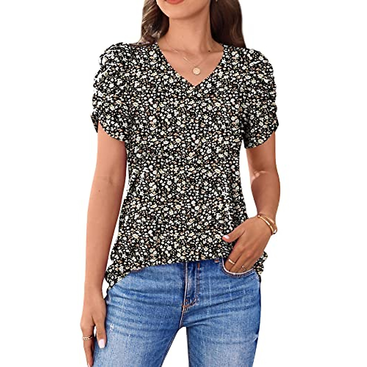 Spring Tops for Women Loose Fit Short Sleeve Tunic Tops to Hide Belly Brown Floral L