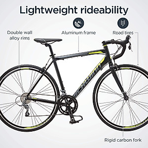 Schwinn Phocus 1600 Drop Bar Adult Road Bike, Mens and Womens, 16-Speed Drivetrain, 53cm/Large Aluminum Step-Over Frame, Carbon Fiber Fork, 700c Wheels, Black