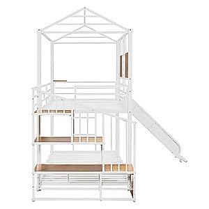 BOVZA House Bunk Bed with Slide and Stairs, Twin Over Twin Metal Bunk Beds Frame with Roof and Storage Staircase for Kids Boys Girls Teens, White