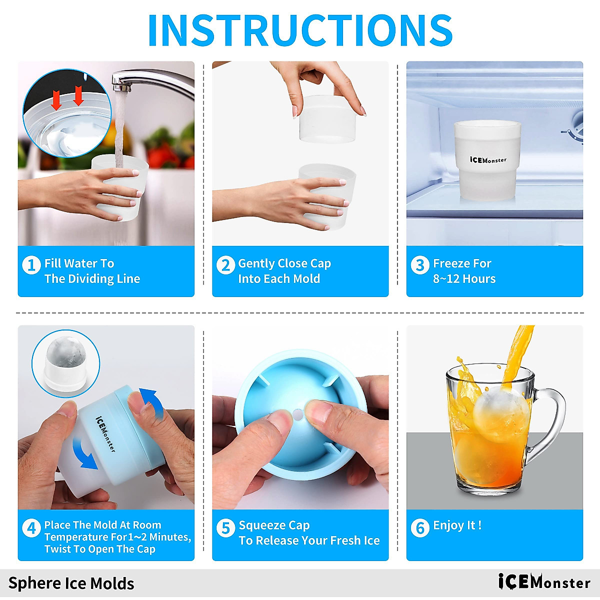 Ice Monster Whiskey Sphere Ice Mold - Ball, Cube Molds for Bourbon; Makes Thick Ice Cubes, Stackable, Easy Release Silicone - Pack of 4