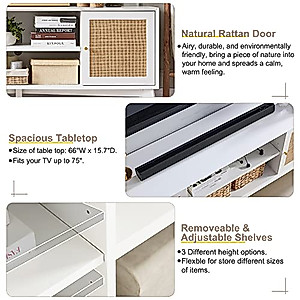 OKD TV Stand for 75+ Inch TV, Mid Century Modern Entertainment Center with Natural Rattan Door, Storage Shelves, Long Boho Media TV Console, Long Television Stand for Living Room, White