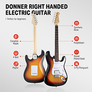 Donner DST-100S 39 Inch Full Size Electric Guitar Kit Solid Body Sunburst, Beginner Starter, with Amplifier, Bag, Capo, Strap, String, Tuner, Cable, Picks