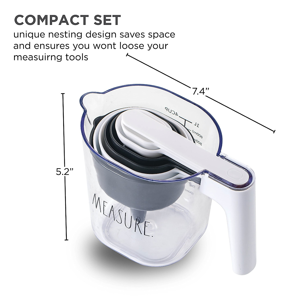 Rae Dunn Measuring Cup Set - 9 PC. Nesting Stackable Liquid Measure Cup, Dry Measuring Cups and Spoons with Funnel and Scraper - Nesting and Clicks Together for Easy Storage (Multi)