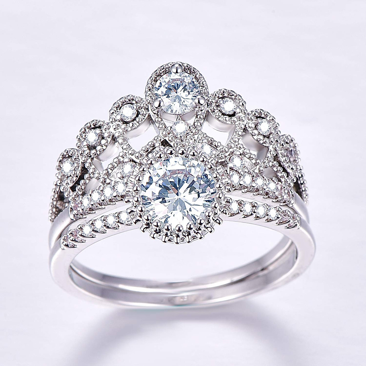 Narica Silver Plated Round Cut Created White Topaz CZ Cubic Zirconia Filled Halo Wedding Engagement Crown Ring 2PCS Women's Band Set for Mom Lover Gift 8#