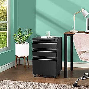 Black File Cabinet, 3 Drawer Mobile File Cabinet with Lock and Wheels, Under Desk Metal Filing Cabinet for Office，Lockable Rolling Cabinet with 2 Keys for Legal/Letter/A4 Size, Fully Assembled （A）