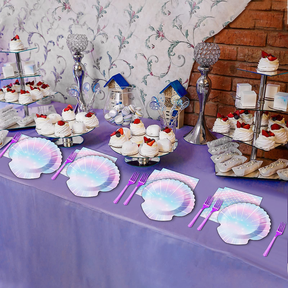 ZOIIWA 96 Pieces Mermaids Themed Party Decorations Mini Under the Sea Party Tableware for Girls Clam Shell Party Dessert Plates Napkins Forks for 24 Guests Birthday Party Favors