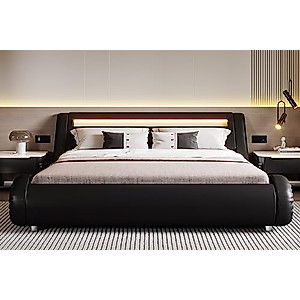 SHA CERLIN Wave-Like Curve Deluxe Upholstered Modern Bed Frame with LED Headboard/Mattress Foundation/No Box Spring Needed/Strong Wood Slats Support/Easy Assemble, Black, King