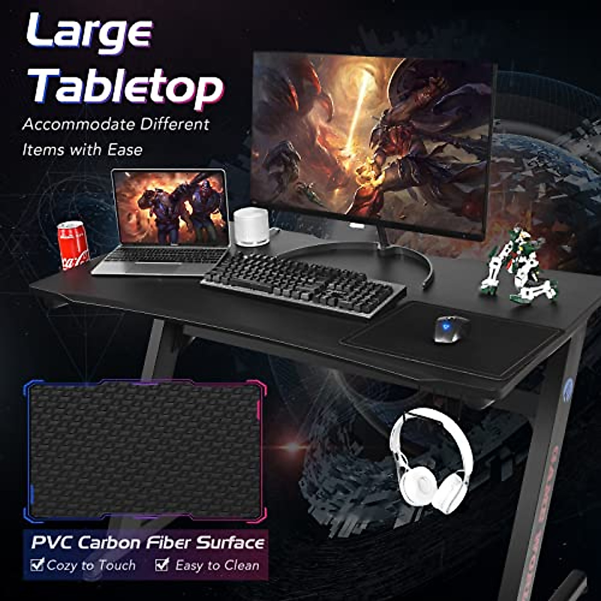 Goplus 45.5 Gaming Desk, Z Shaped Racing Game Table with Carbon Fiber Surface, Mouse Mat, Headphone Hook, Cup Holder, Game Handle Rack, Ergonomic Home Office Computer Table Gamer Workstation