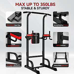 Pooboo Power Tower Dip Station, Pull Up Bar Stand for Fitness Home Gym Workout, Pull Up Dip Station, Multi-Function Power Tower Pull Up Bar,Adjustable Strength Training Fitness Equipment, 350LB Weight