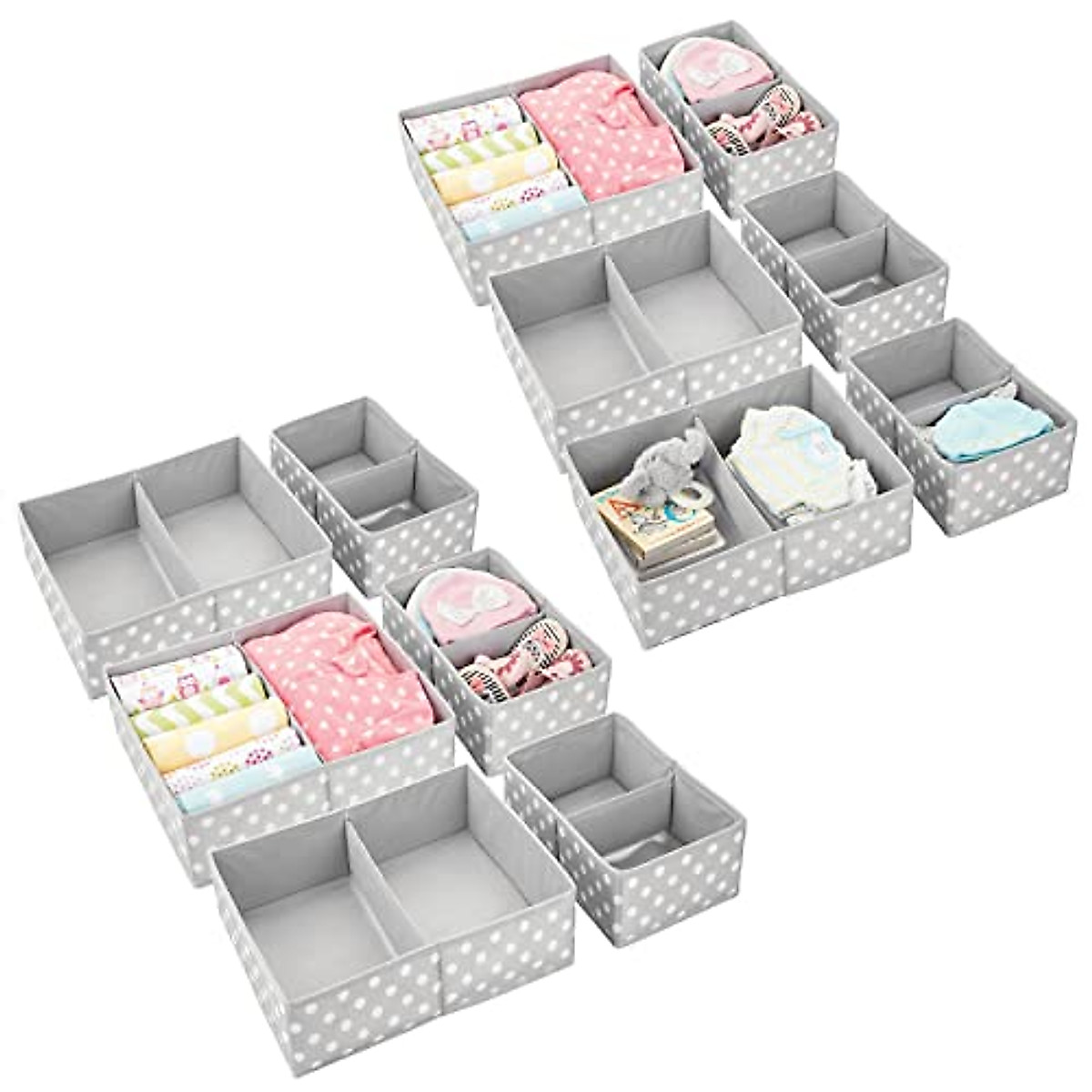 mDesign Fabric Drawer Organizer Bins, Kids/Baby Nursery Dresser, Closet, Shelf, Playroom Organization, Hold Clothes, Toys, Diapers, Bibs, Blankets, Set of 2, 6 Pack, Gray/White Polka Dot