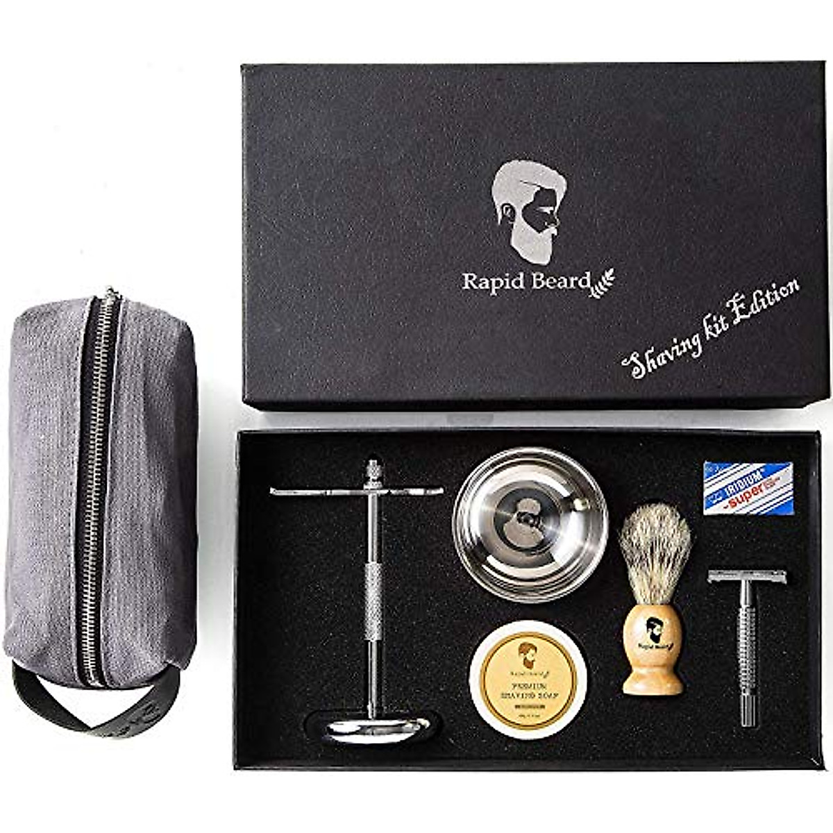 Shaving Kit for Men Wet Shave - Safety Razor with 10 blades, Shaving Badger Hair Brush, Sandalwood Shaving Soap Cream, Shaving Stand, Stainless Steel Bowl Mug, Canvas Dopp Kit - Gift Set