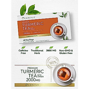 Turmeric Tea with Ginger | 60 Tea Bags | Caffeine Free | Non-GMO & Gluten Free Herbal Tea Supplement | by Carlyle
