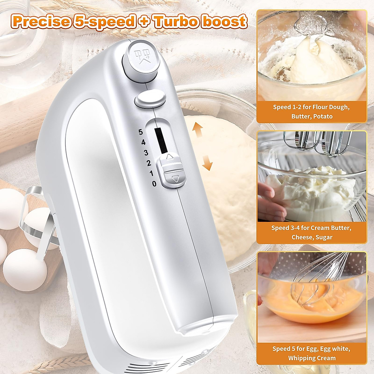 Yalame Hand Mixer Electric, 5-Speed 400W Motor, Hand Mixer Electric Handheld, Mixer Electric Handheld with Turbo Boost & Storage Case, 2x Flat Beaters, 2x Dough Hooks, 1x Whisk for Baking (Silver)