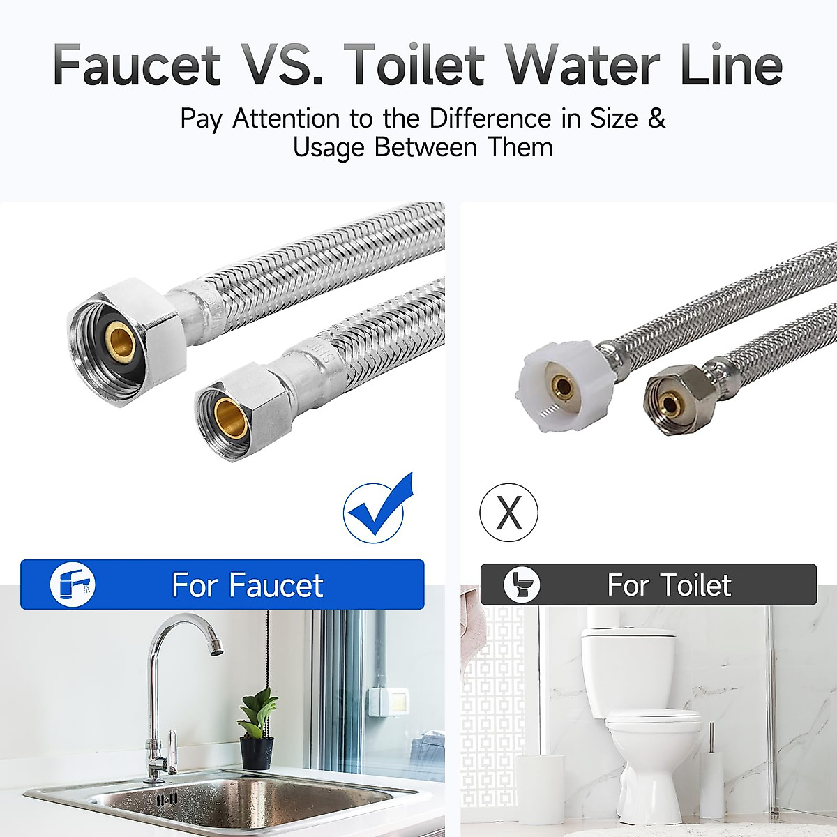 JUWO 60" Faucet Supply Line, 3/8" Comp x 1/2" FIP Stainless Steel Kitchen Faucet Hose Connector, For Large Residence or Outdoor Use with Extra Long Distance (2-Pack)