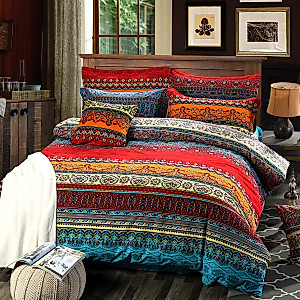 HNNSI Brushed Cotton Bohemian Duvet Cover and Fitted Sheet Sets Queen Size 4 Pieces, Bohemia Exotic Striped Bedding Sets, Boho Comforter Cover Sets,NO Comforter (Fitted Sheet Sets, Queen)