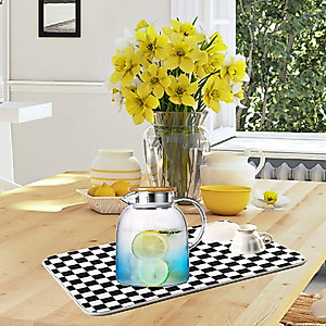 ZzWwR Modern Black White Racing Flag Checks Pattern Absorbent Dish Drying Mat Microfiber Kitchen Countertop Table Protector Multi-Purpose Counter Rack Sink Drainer Pad (16" x 18")