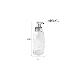 mDesign Modern Glass Refillable Foaming Soap Dispenser Pump Bottle for Bathroom Vanity Countertop, Kitchen Sink - Save on Soap - Vintage-Inspired, Compact Design - 2 Pack - Clear/Brushed