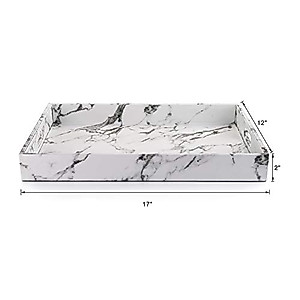 Fasmov Serving Tray, 17 x 12 inches White Marble Faux Leather Decorative Decorative Tray with Handles for Bathroom, Kitchen, Ottoman and Coffee Table