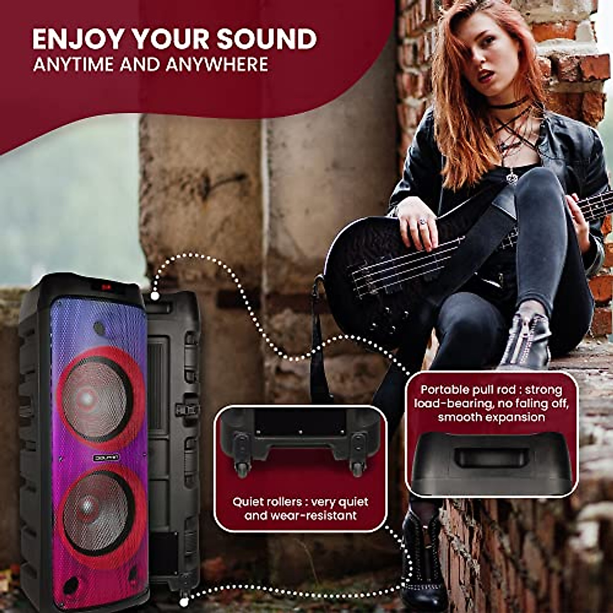Dolphin SPF-1212R Powerful Sound & BASS 5100W | Portable Rechargeable Big Party Speaker | Dual 12", 3X 1 Tweeters | LED Party Lights, Handles and Wheels