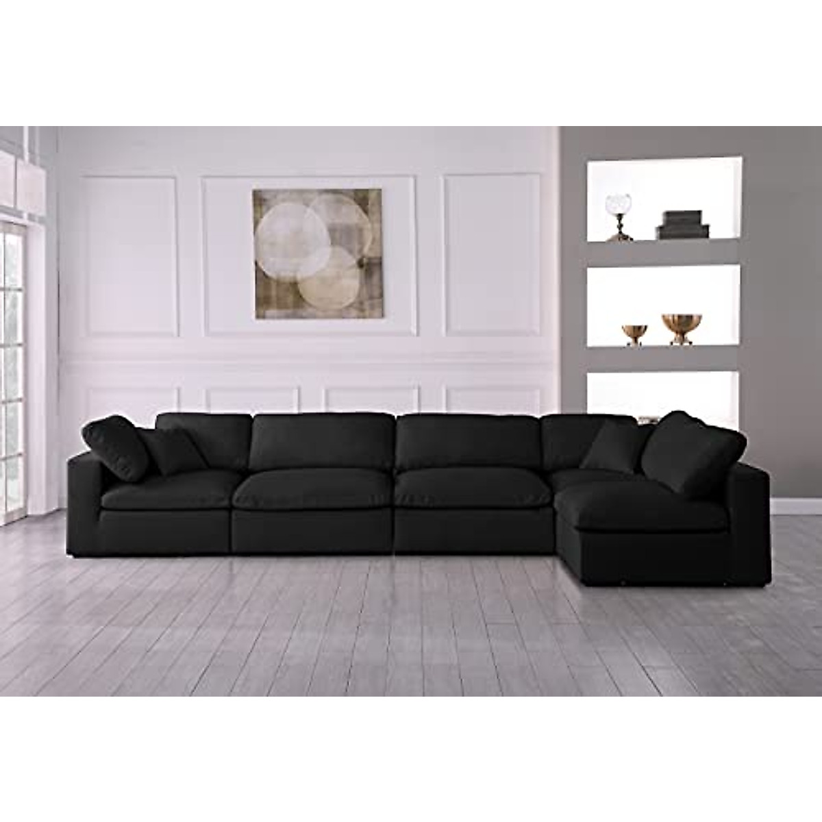 Meridian Furniture Plush Collection Contemporary Down Filled Cloud-Like Comfort Overstuffed Velvet Upholstered Modular L-Shaped Sectional, 5-Seater, Semi-Armless, Black