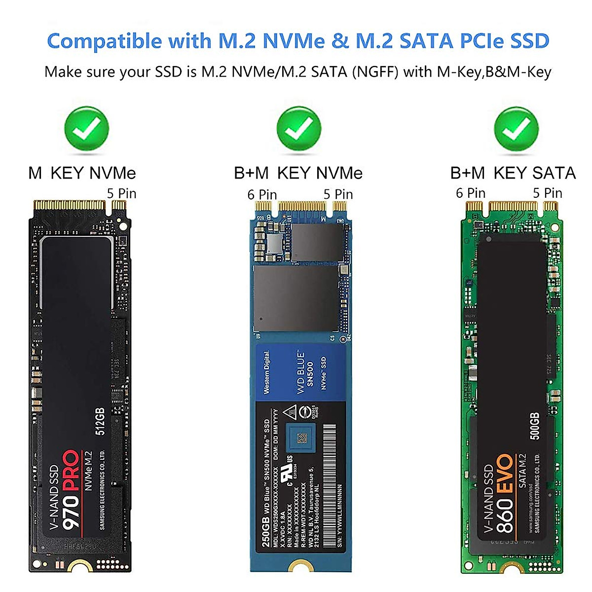 M.2 NVMe SATA SSD Enclosure Adapter Tool-Free, USB 3.2 Gen2 10Gbps External NVMe to USB PCI-E 6Gbps SATA M-Key / B+M Key, NVMe Reader Support UASP Trim for SSDs 2230/2242/2260/2280