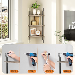 HOOBRO 3-Tier Corner Shelf Wall Mounted, Corner Floating Shelves, Corner Storage Rack, Plant Display Shelf, Corner Bookshelf for Wall in Living Room, Kitchen, Study, Greige and Black BG36BJ01