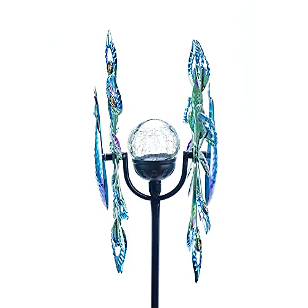 Wind Spinner Outdoor Metal Solar Powered Sculpture Large 15 inch Dia 65 inch Height Kinetic Windmills Peafowl Wind Catcher Glass Ball for Garden Lawn Yard Patio Decoration Vane for Backyar