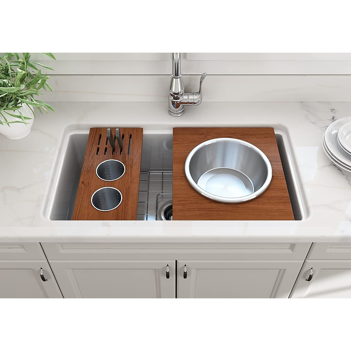 BOCCHI Wood Board with 2 Round Stainless Steel Bowls & Knife Holder F/1344, 1348, 1360, 1362, 1504, 1505, 1506 (short side only), 1627, 1628