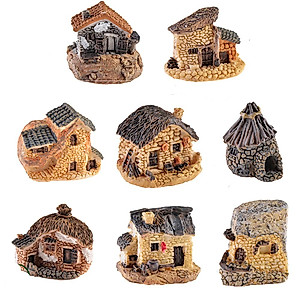 8 Pack Miniature Stone Cottage, Resin Village House Fairy Garden Kits, Mini Cottage House DIY Outdoor Decorations, Plant Pot Micro Land
