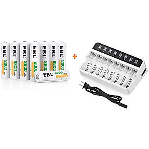 EBL 16 Counts AA Batteries 2800mAh 1.2V High Performance Ni-MH AA Rechargeable Battery & 8 Bay Individual Battery Charger with Discharge Function
