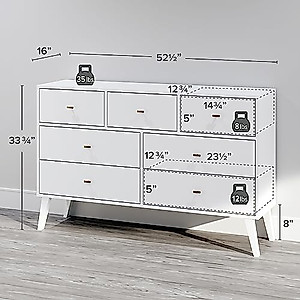 Prepac Milo Mid-Century Modern 7 Drawer Double Dresser for Bedroom, Wide Chest of Drawers, Contemporary Bedroom Furniture, 16" D x 52.5" W x 33.75" H, White, WDBR-1407-1