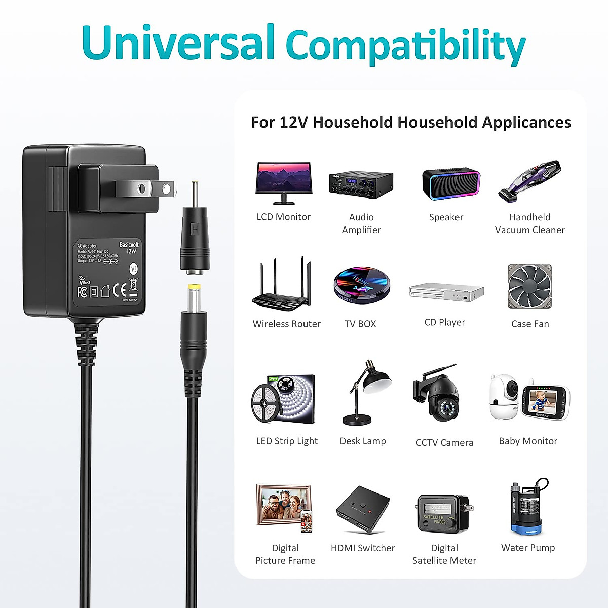 12V Power Supply AC Adapter DC 12 V Power Cord Universal Power Adapter 12Volt Charger Compatible with 1000mA 900mA 800mA 700mA 600mA 500mA 400mA 300mA 200mA 100mA Electronics