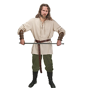 Jiuguva 4 Pcs Halloween Men's Renaissance Costume Set Medieval Pirate Shirt Ankle Banded Pants Viking Belt Accessories (Stylish Color,Small)