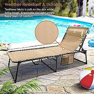 Coastrail Outdoor Folding Chaise Lounge Chair 28 inch Wide, 4 Position Recline Textilene Waterproof Patio Chaise with Pocket and Pillow for Beach,Tanning, Lawn, Supports 400lbs, Beige,X-Large