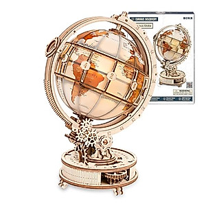 ROKR 3D Wooden Puzzles for Adults, LED Illuminated Globe with Stand, 3D Wooden Globe Model Kits with LED Light, Unique Gift for Birthday/Anniversay
